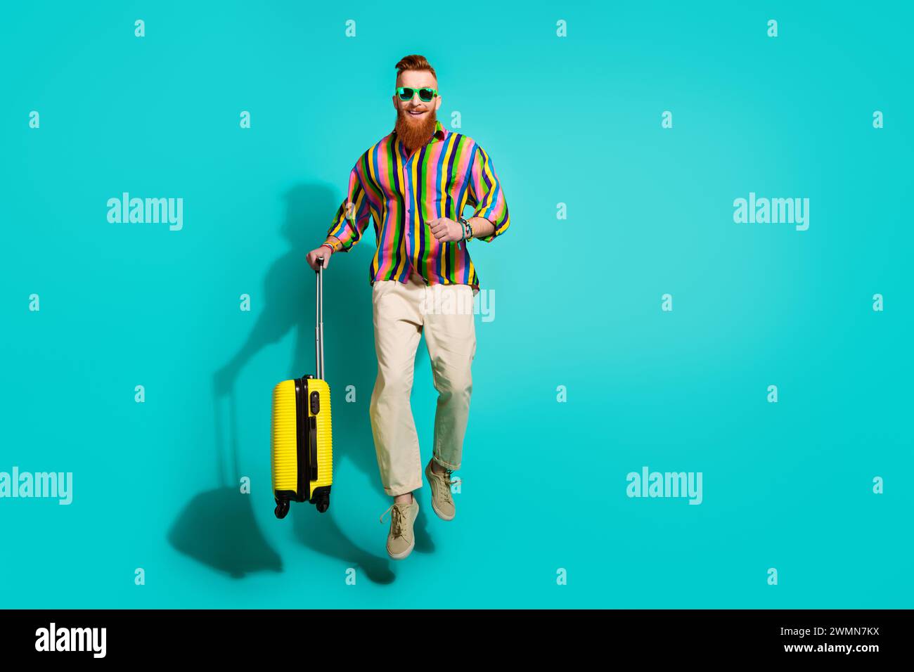 Full size body photo foxy hair macho young funny man running with ...