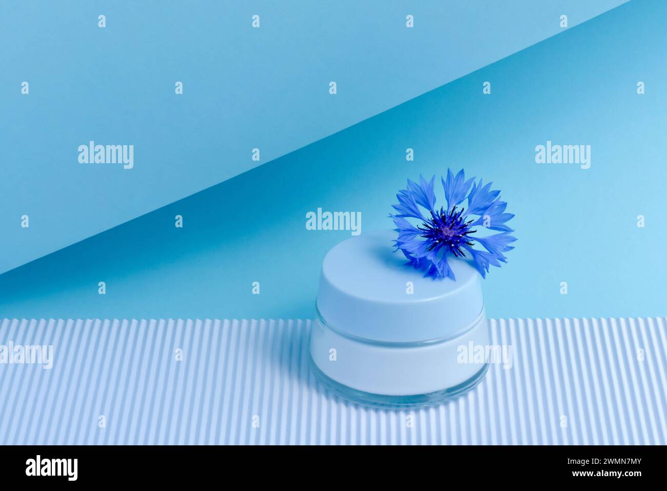 Cosmetic cream with cornflower on a blue background. Cosmetic products ...