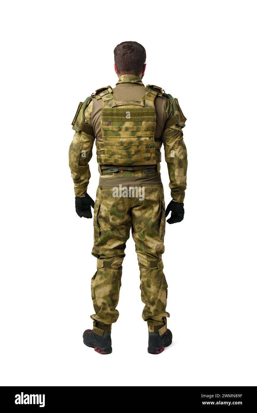 Back view of male soldier in military uniform isolated on white ...
