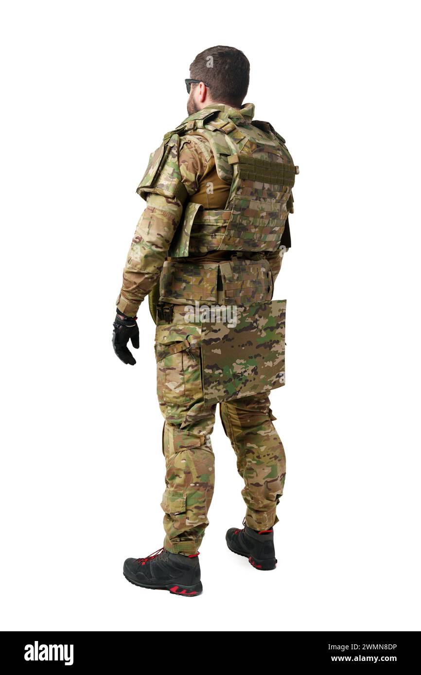 Back view of male soldier in military uniform isolated on white ...