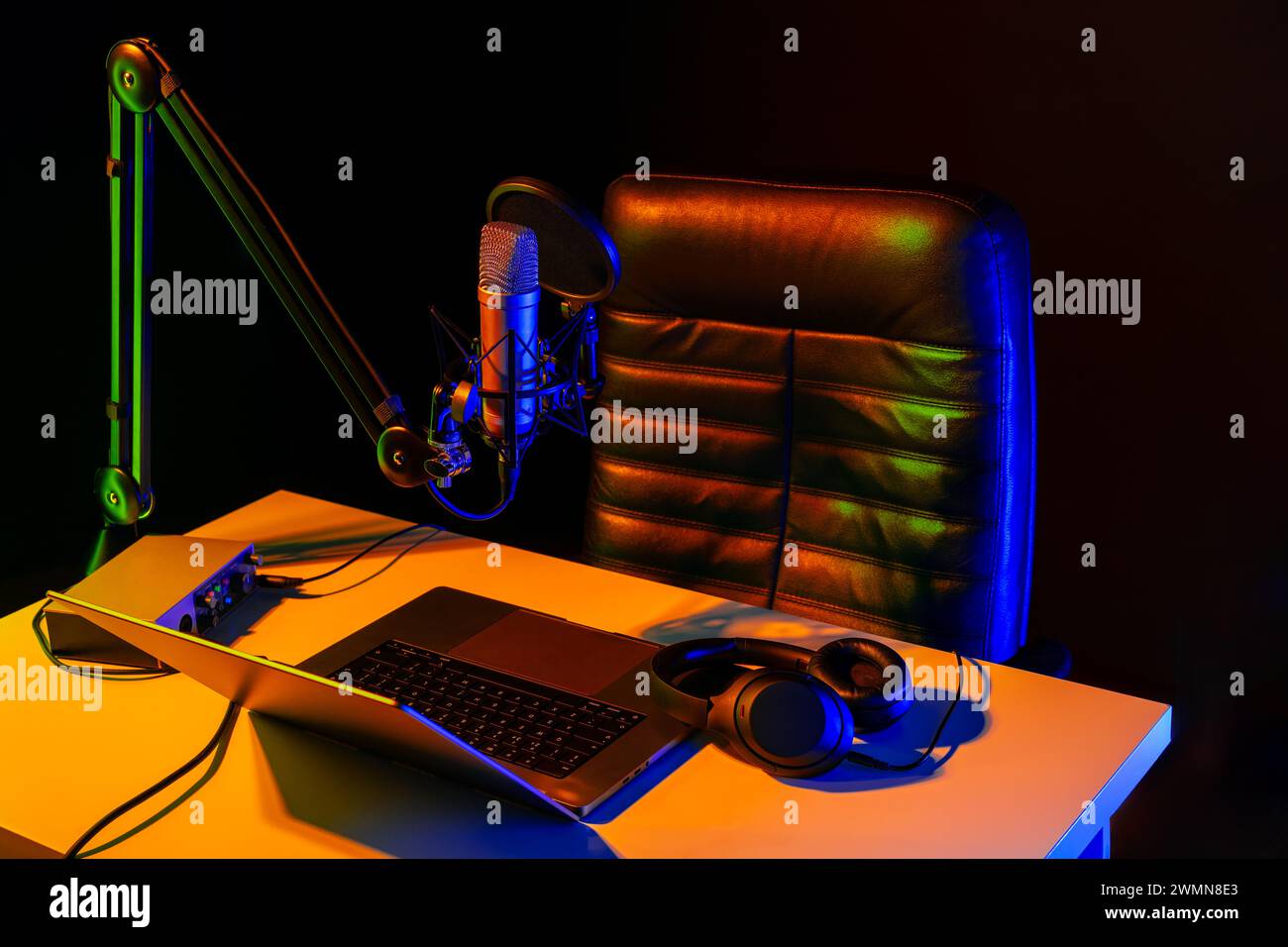 Home studio podcast interior. Microphone, table and chair Stock Photo ...