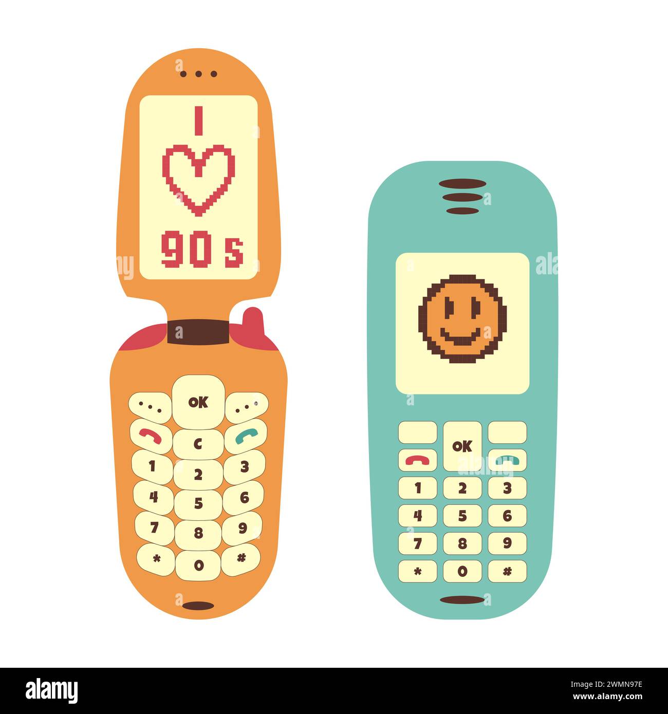 A set of old push-button mobile phones from the 90s. Vector in retro ...
