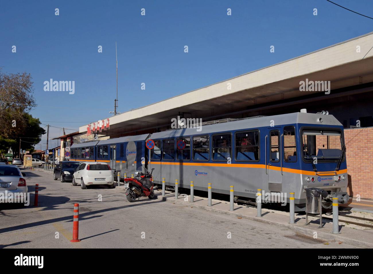 Diesel railcar of the Diakopto rack railway at the main station in ...