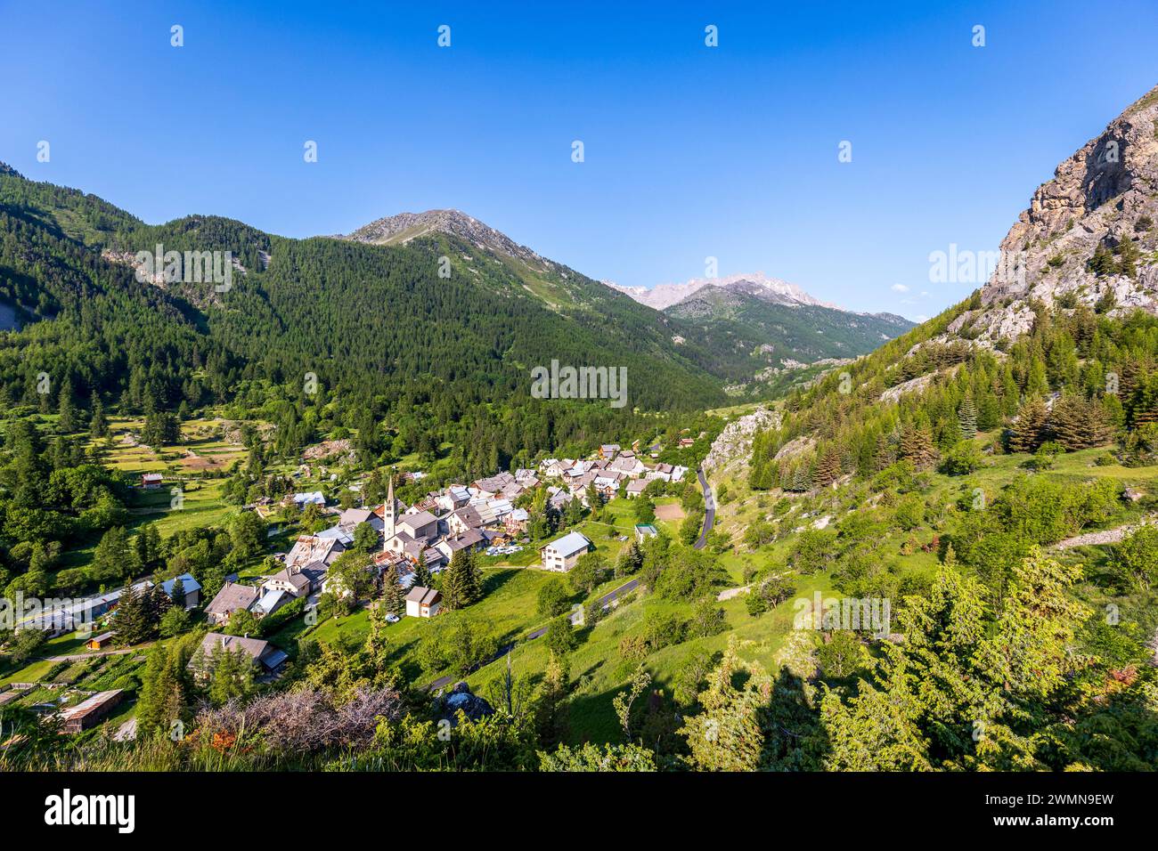 Overlooking the village of Névache, Clarée valley, Hautes-Alpes, France ...