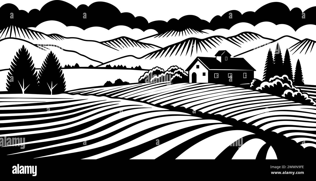 Rural landscape with farm house and fields. Engraving hand drawn vector ...