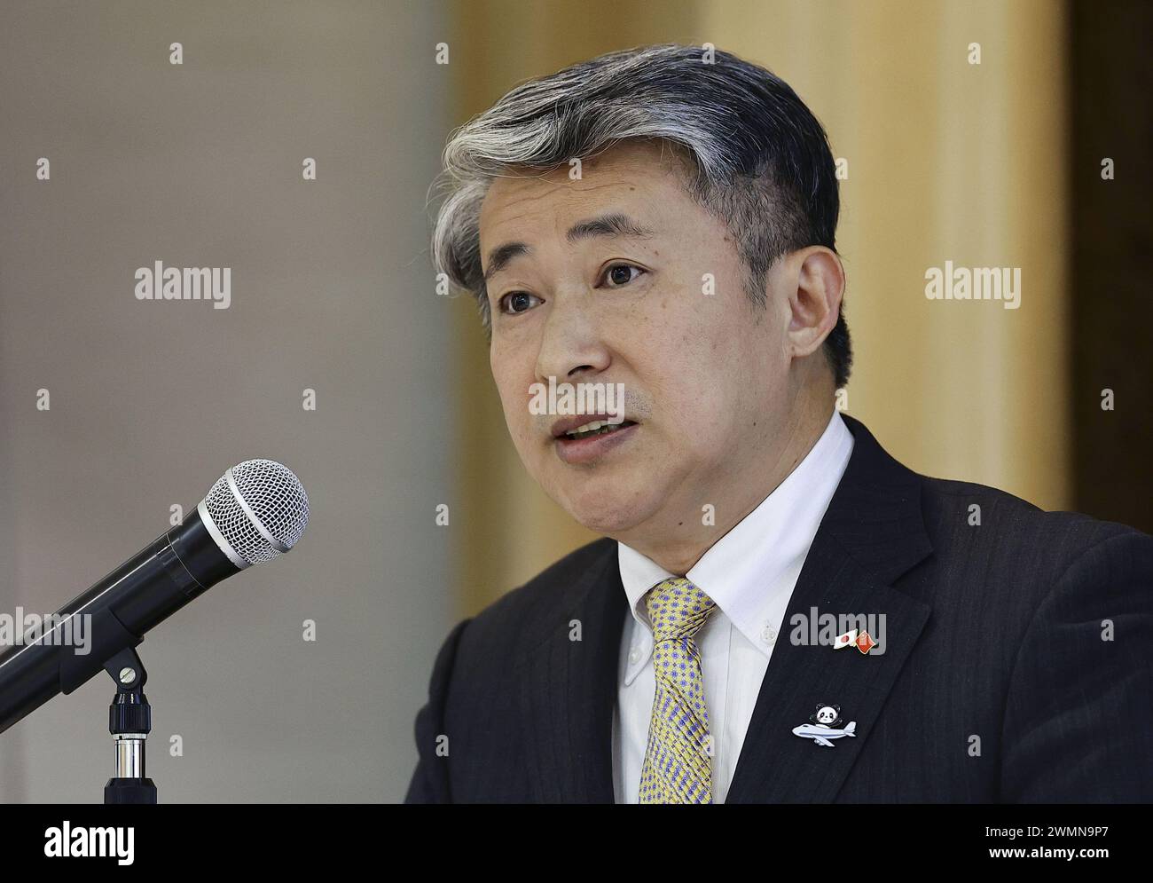 Xue Jian, Chinese consul general in Osaka, gives a lecture in the western Japan city of Osaka on ...