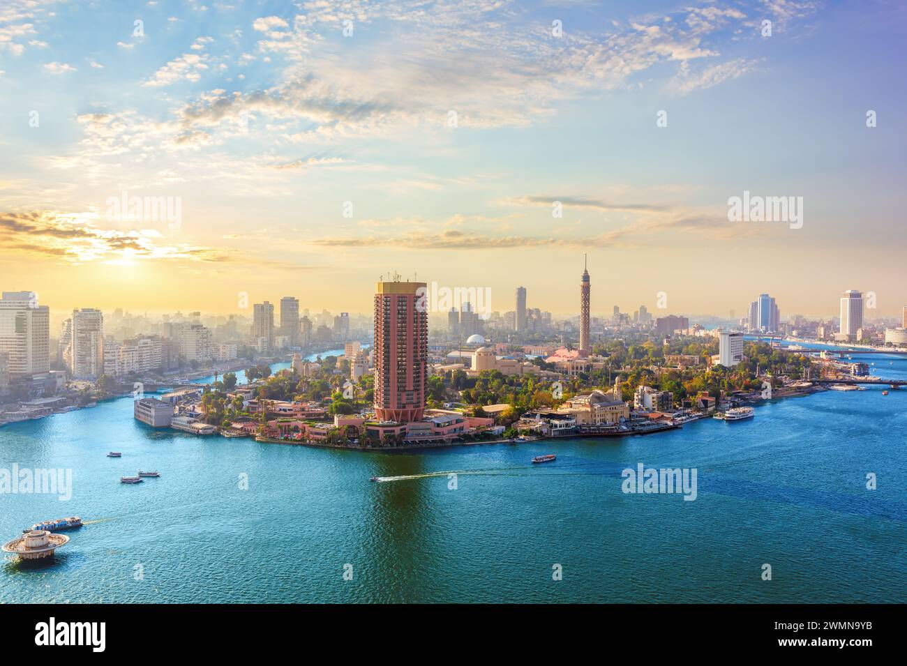 Gezira island in the Nile river at sunset, exclusive aerial view of ...