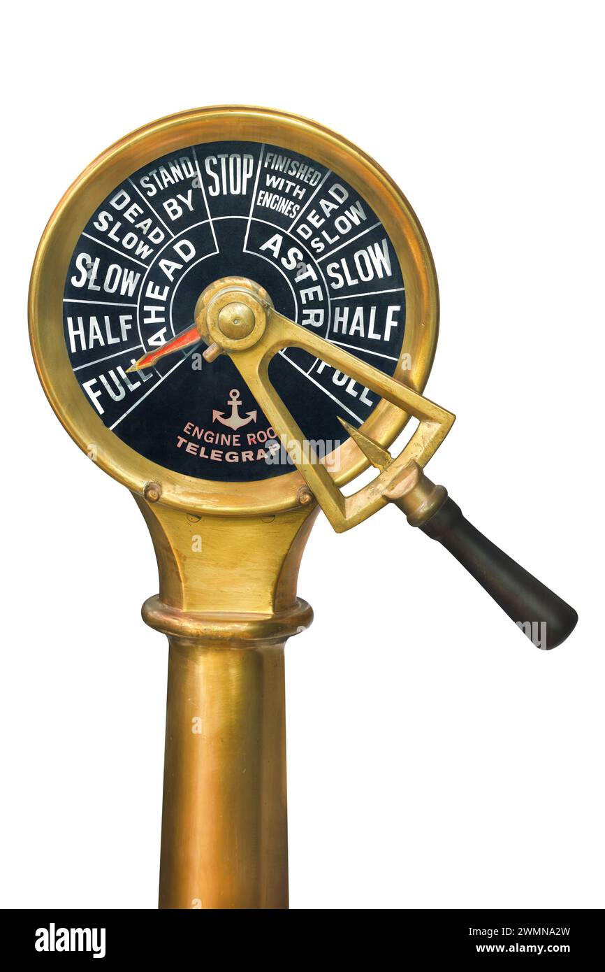 Ancient Engine Room Telegraph with black control panel isolated on a ...