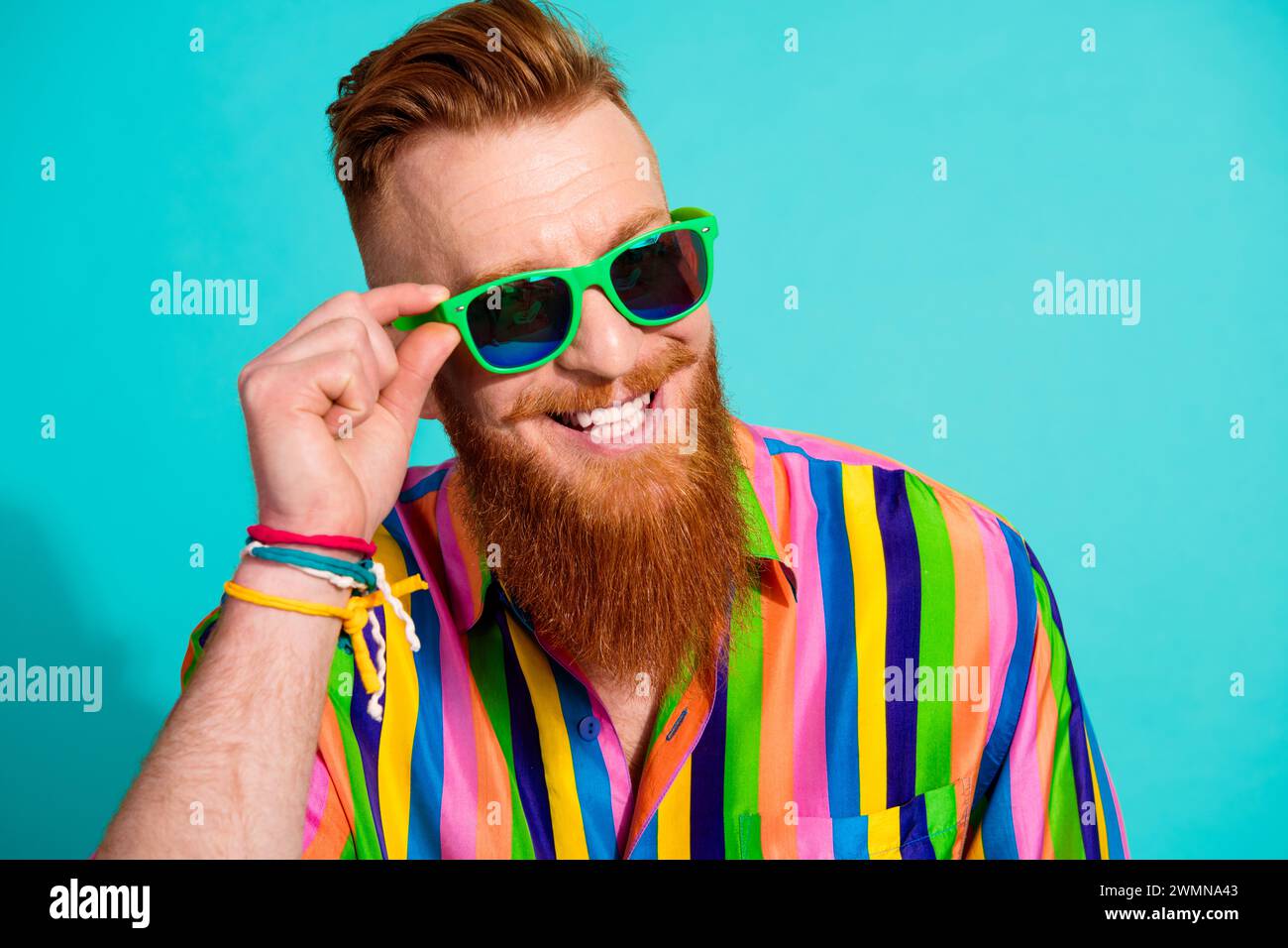 Portrait of cheerful redhair bearded macho boyfriend in summertime ...