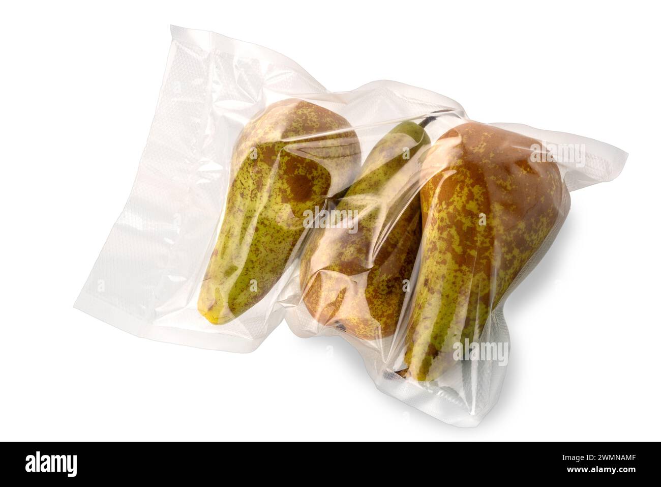 Pears in vacuum pack for sous vide cooking isolated on white with ...
