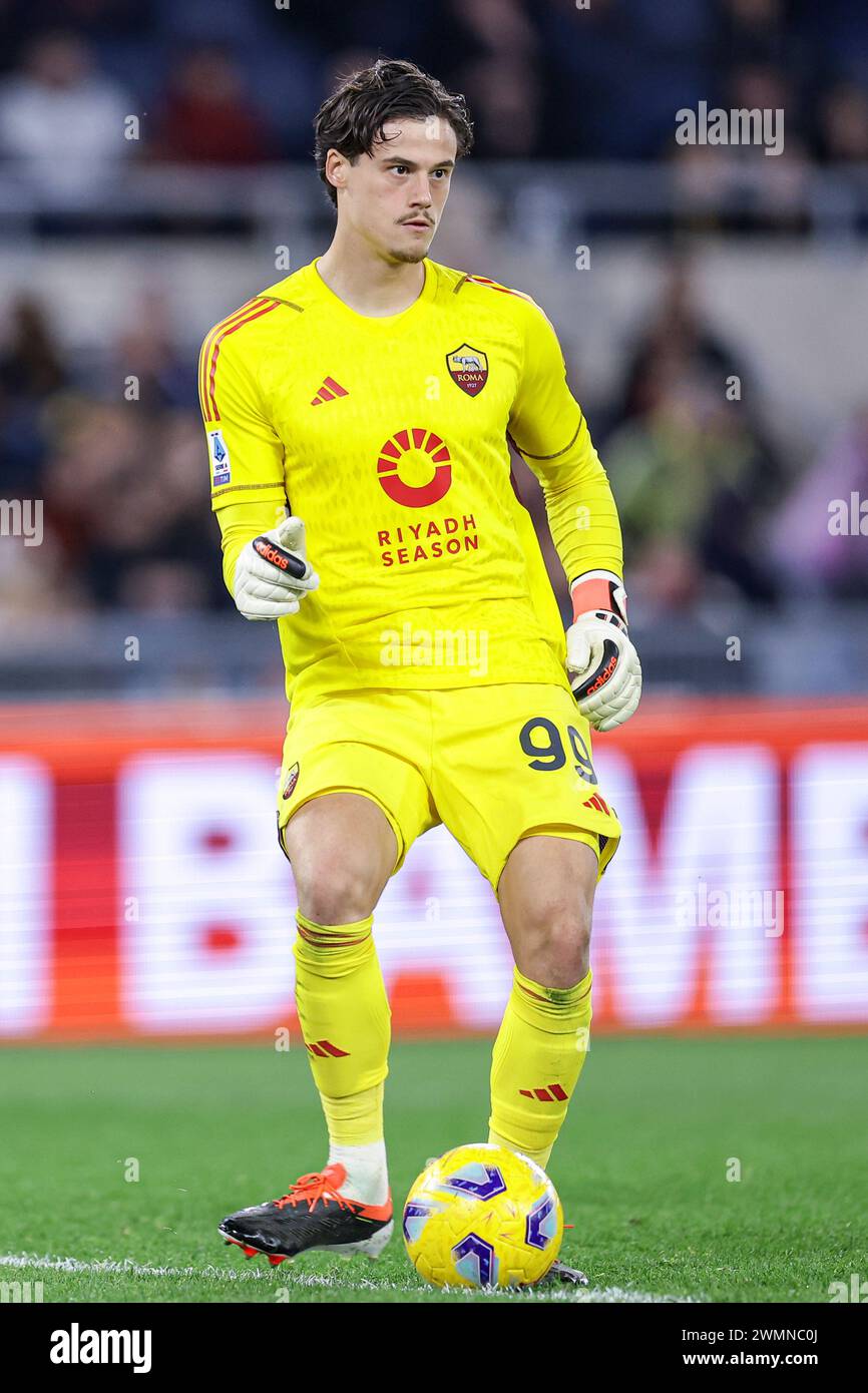 Roma’s Belgian goalkeeper Mile Svilar controls the ball during the ...
