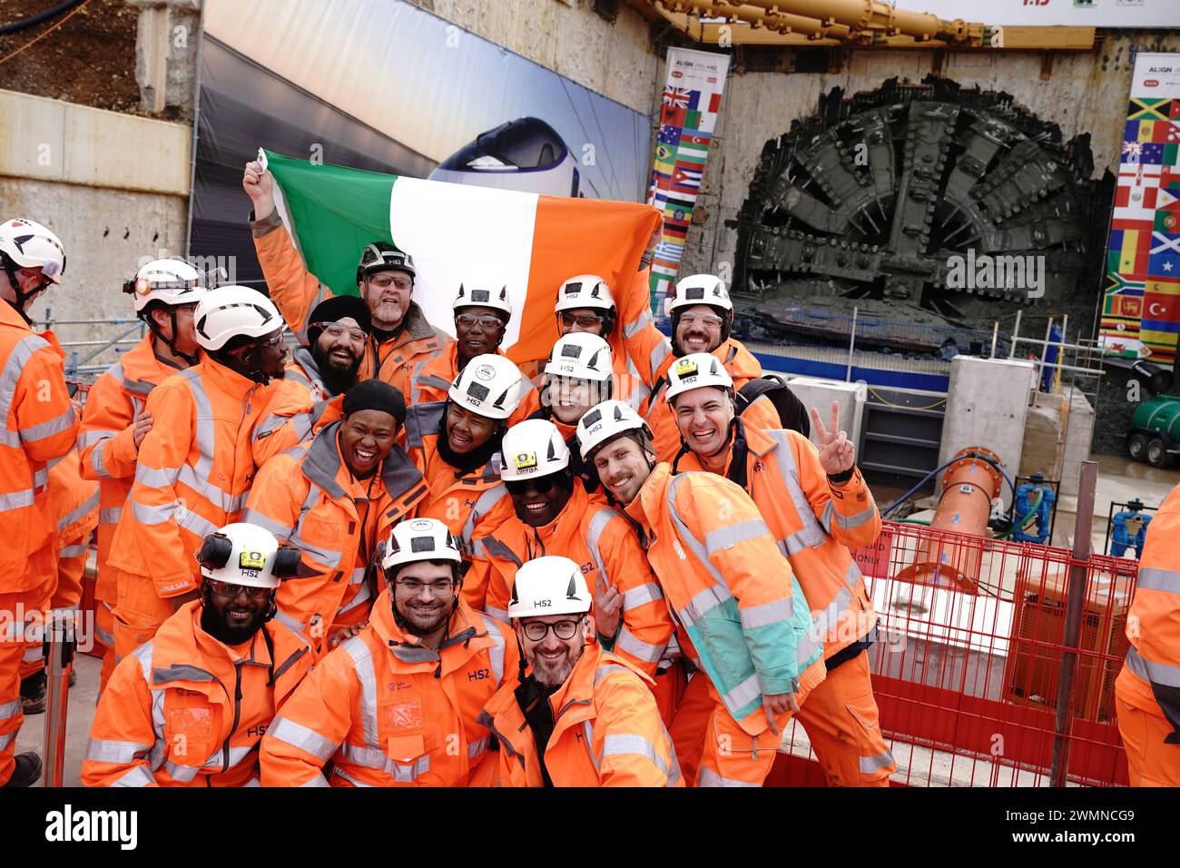 Workers pose for photos after digging machine Florence completed HS2's ...
