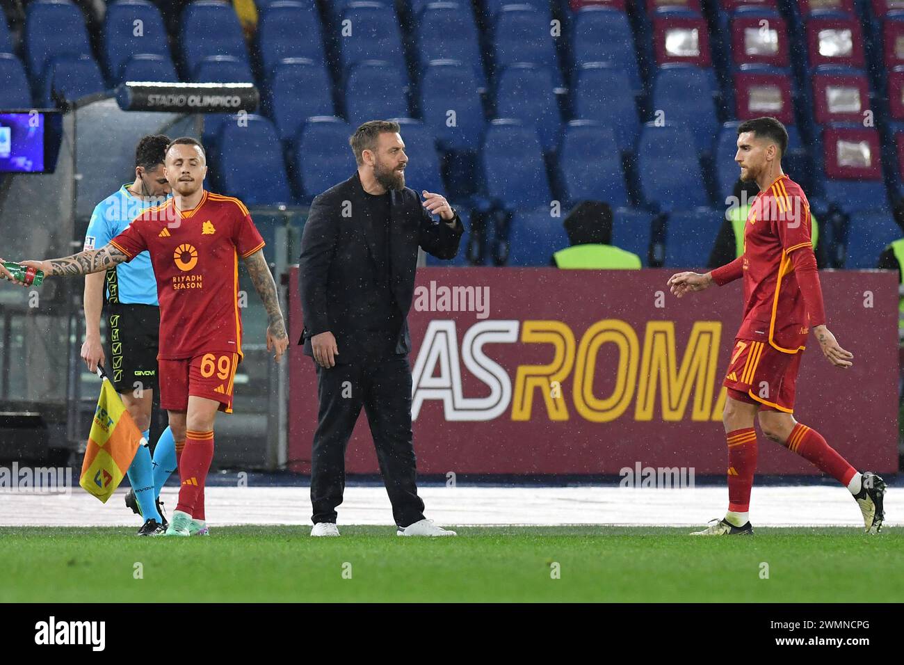 Rome, Lazio. 26th Feb, 2024. Angelino of AS Roma, Roma trainer Daniele ...