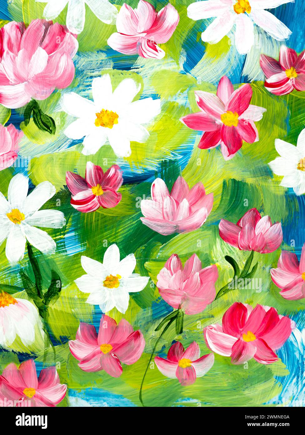 Abstract daisy flowers, original hand drawn, impressionism style, color ...