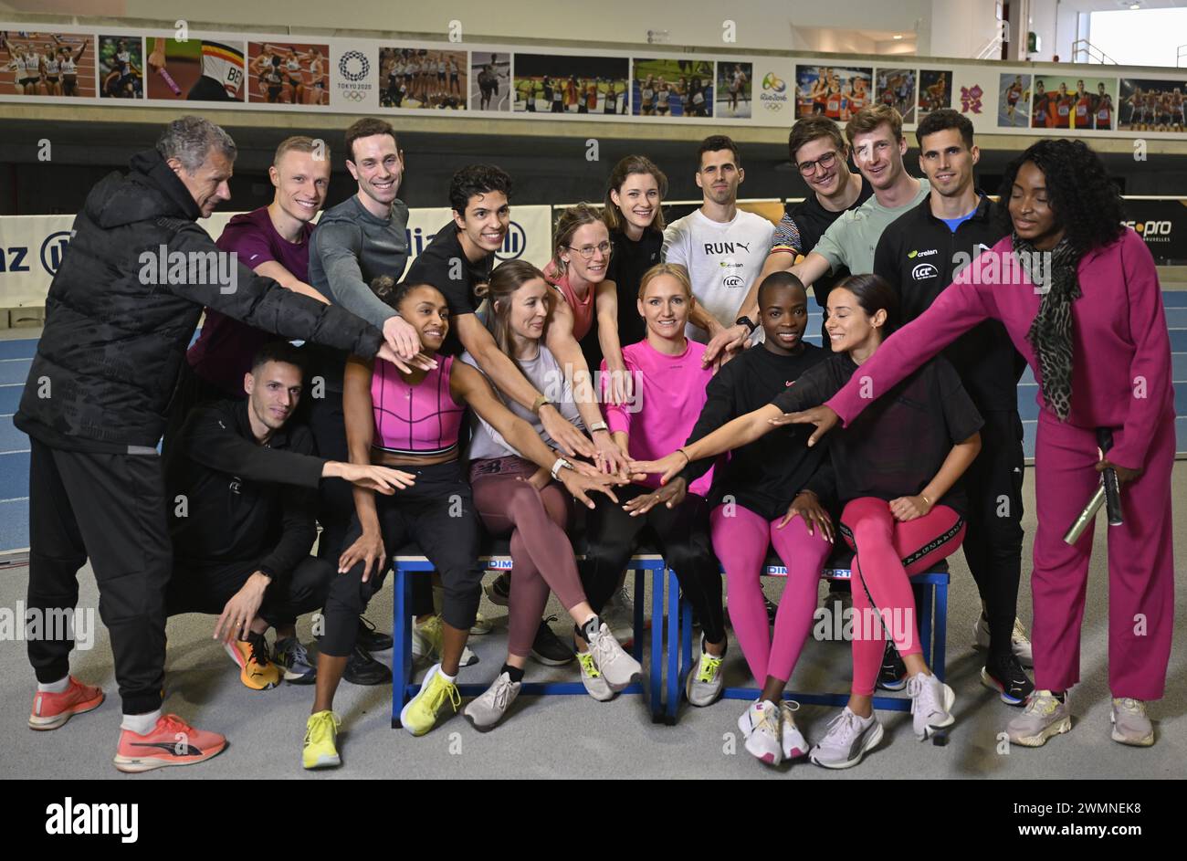 Louvain La Neuve, Belgium. 27th Feb, 2024. Athletes and coaches pose ...