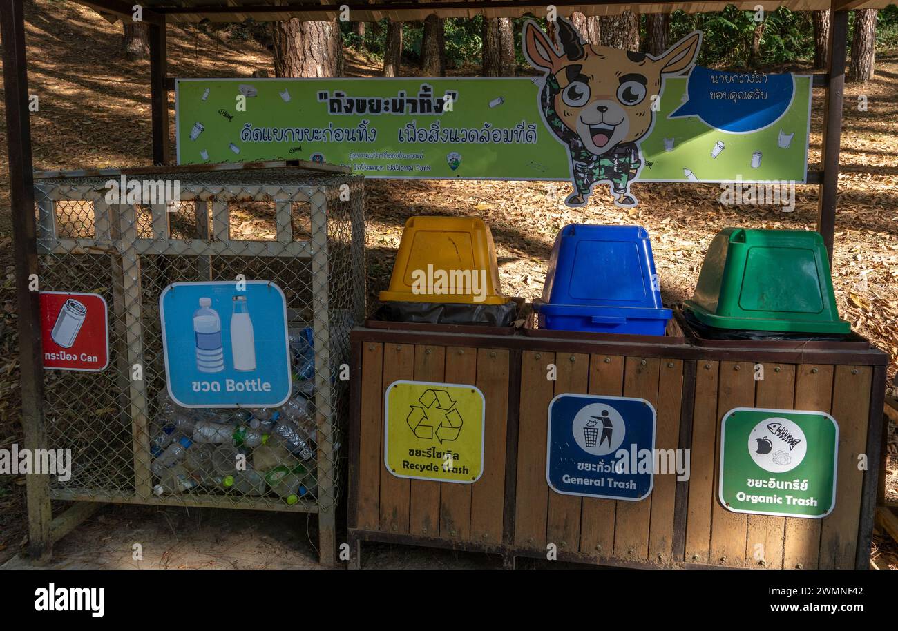 Waste recycling at campsite for visitors to Doi Inthanon National Park ...