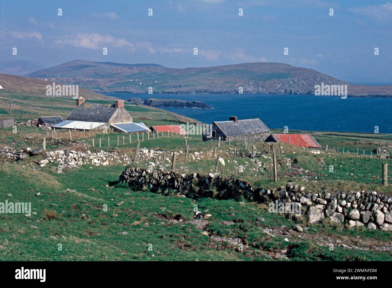 Houses, stone walls, view of the mainland, Dursey Island, Beara ...