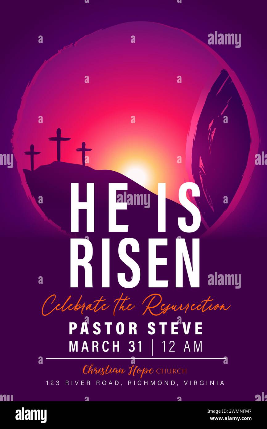He is risen, Easter Sunday church flyer design with Calvary, three ...