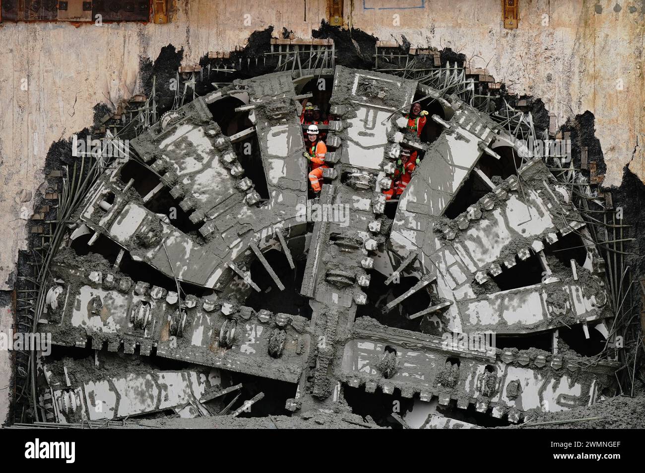 Members of the Tunnel Boring Team look out after digging machine ...