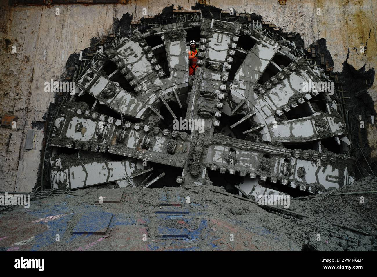 Members of the Tunnel Boring Team look out after digging machine ...