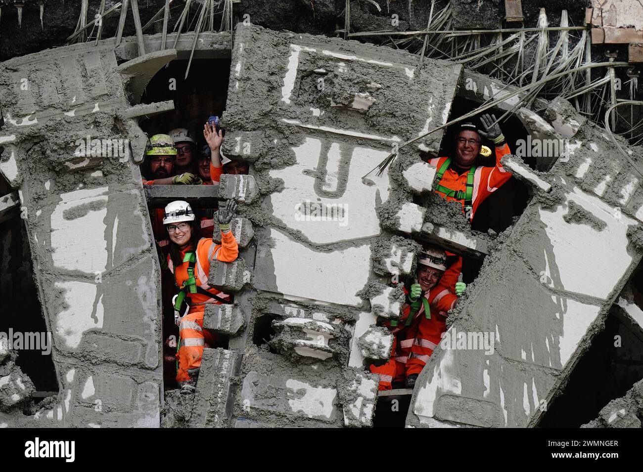 Members of the Tunnel Boring Team look out after digging machine ...