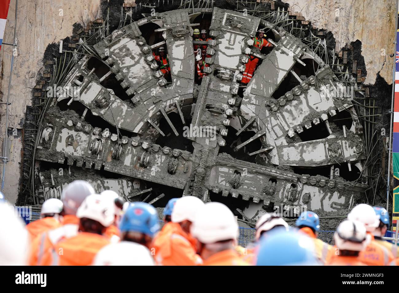 Members of the Tunnel Boring Team look out after digging machine ...