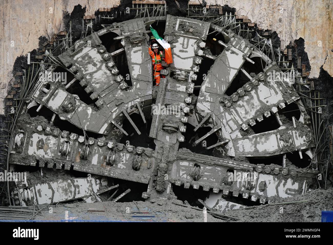 Members of the Tunnel Boring Team look out after digging machine ...