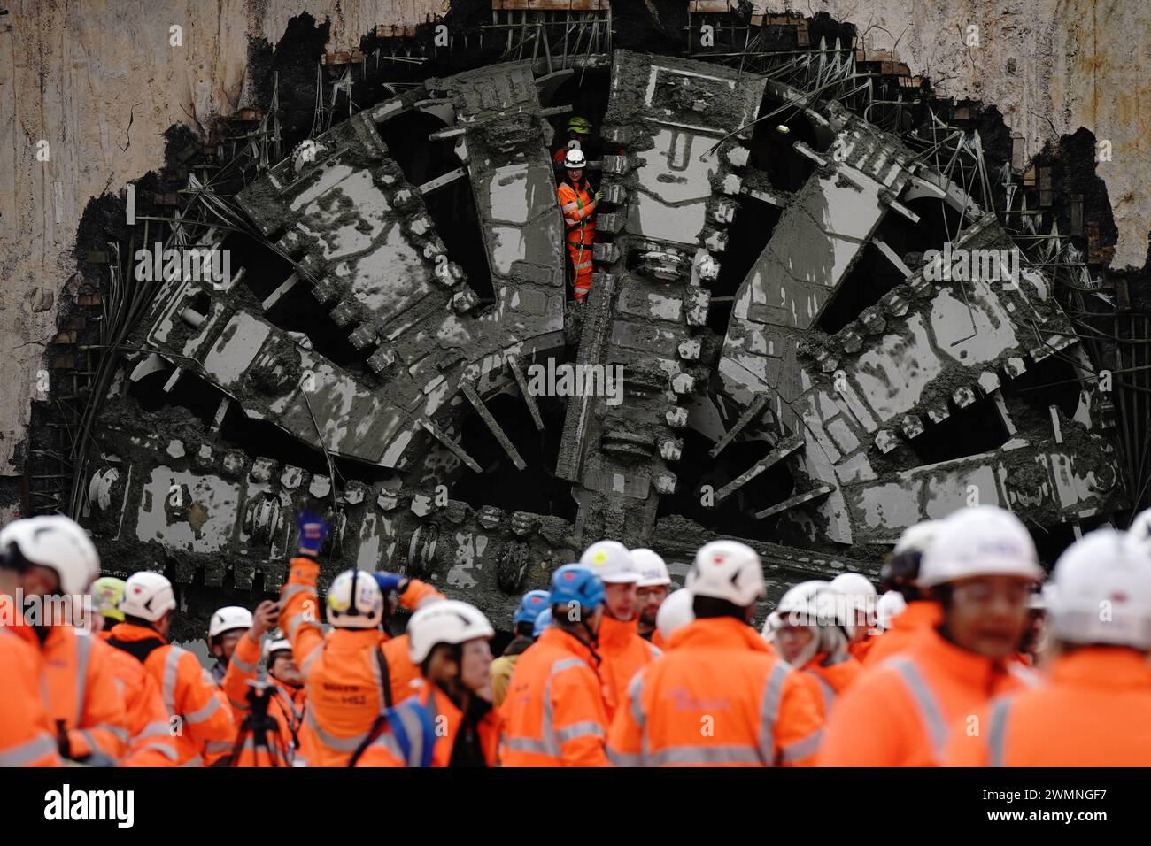 Members of the Tunnel Boring Team look out after digging machine ...