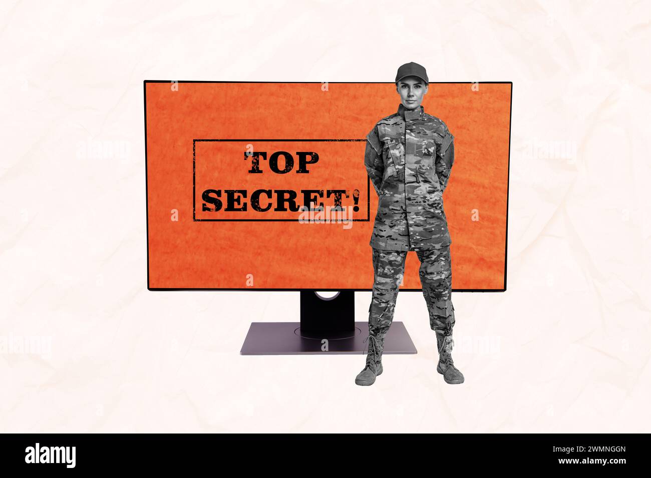 Composite creative art collage of serious strict military girl security ...