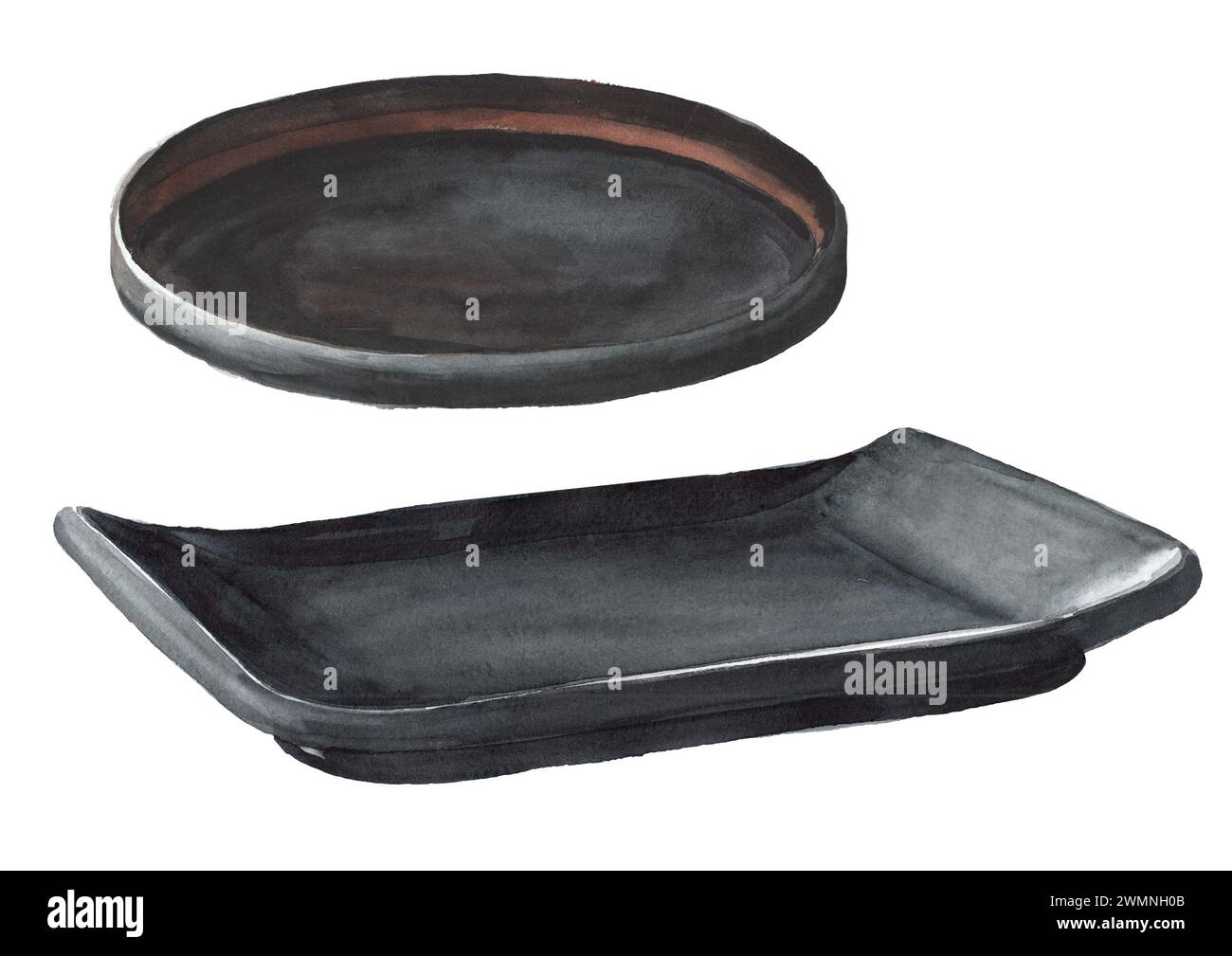 Black ceramic asian empty plates. Hand drawn watercolor illustration ...