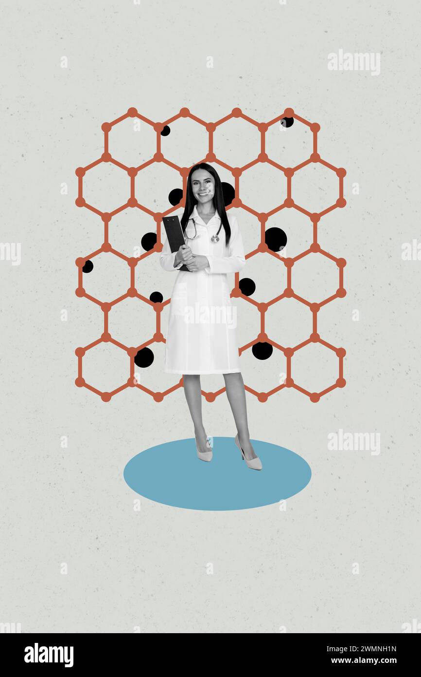 Collage artwork of successful confident woman doctor standing in ...