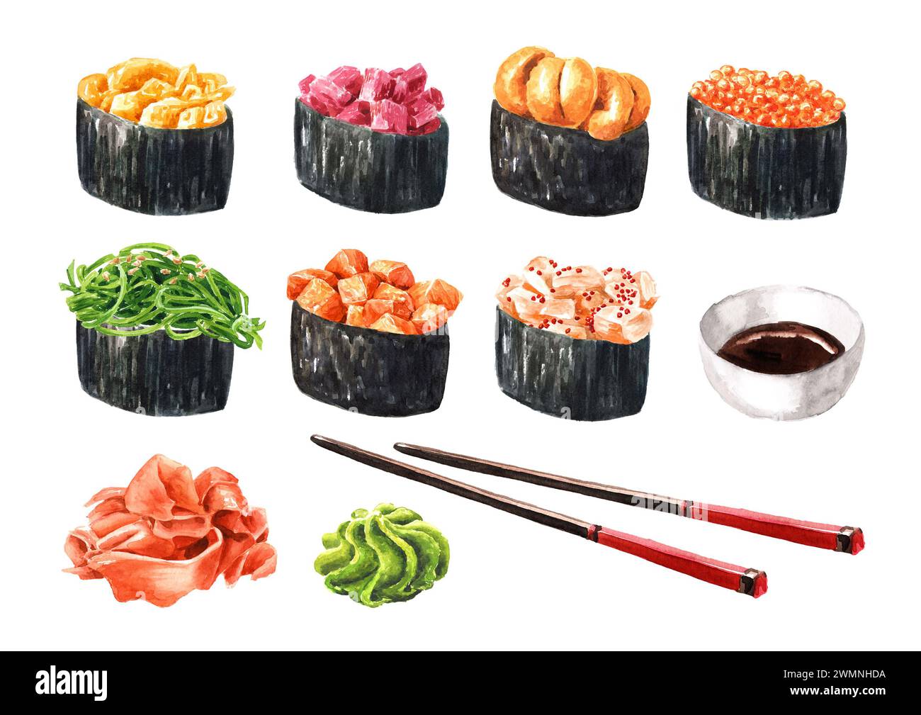 Gunkan Maki Sushi Set with various types of filling. Hand drawn ...