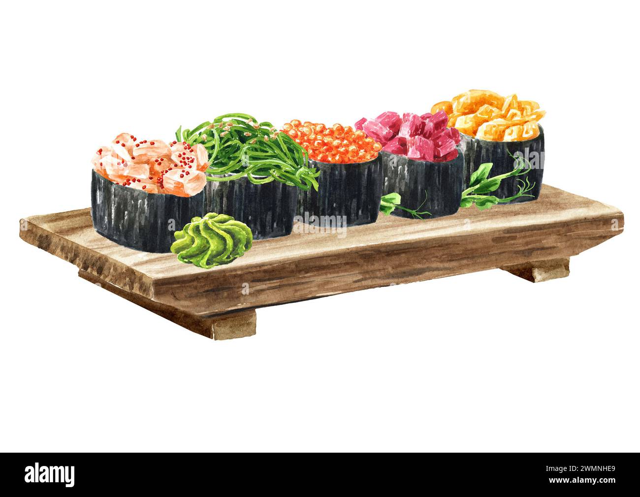 Gunkan Maki Sushi Set with various types of filling. Hand drawn ...