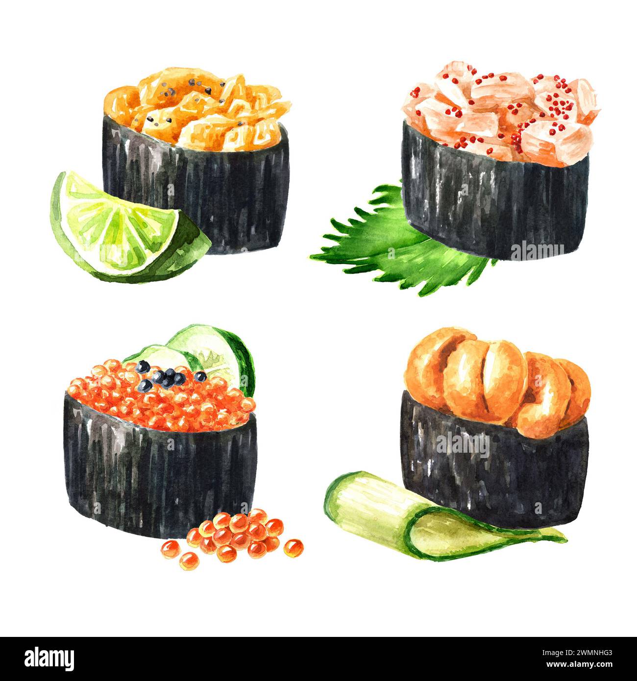Gunkan Maki Sushi Set with various types of filling. Hand drawn ...