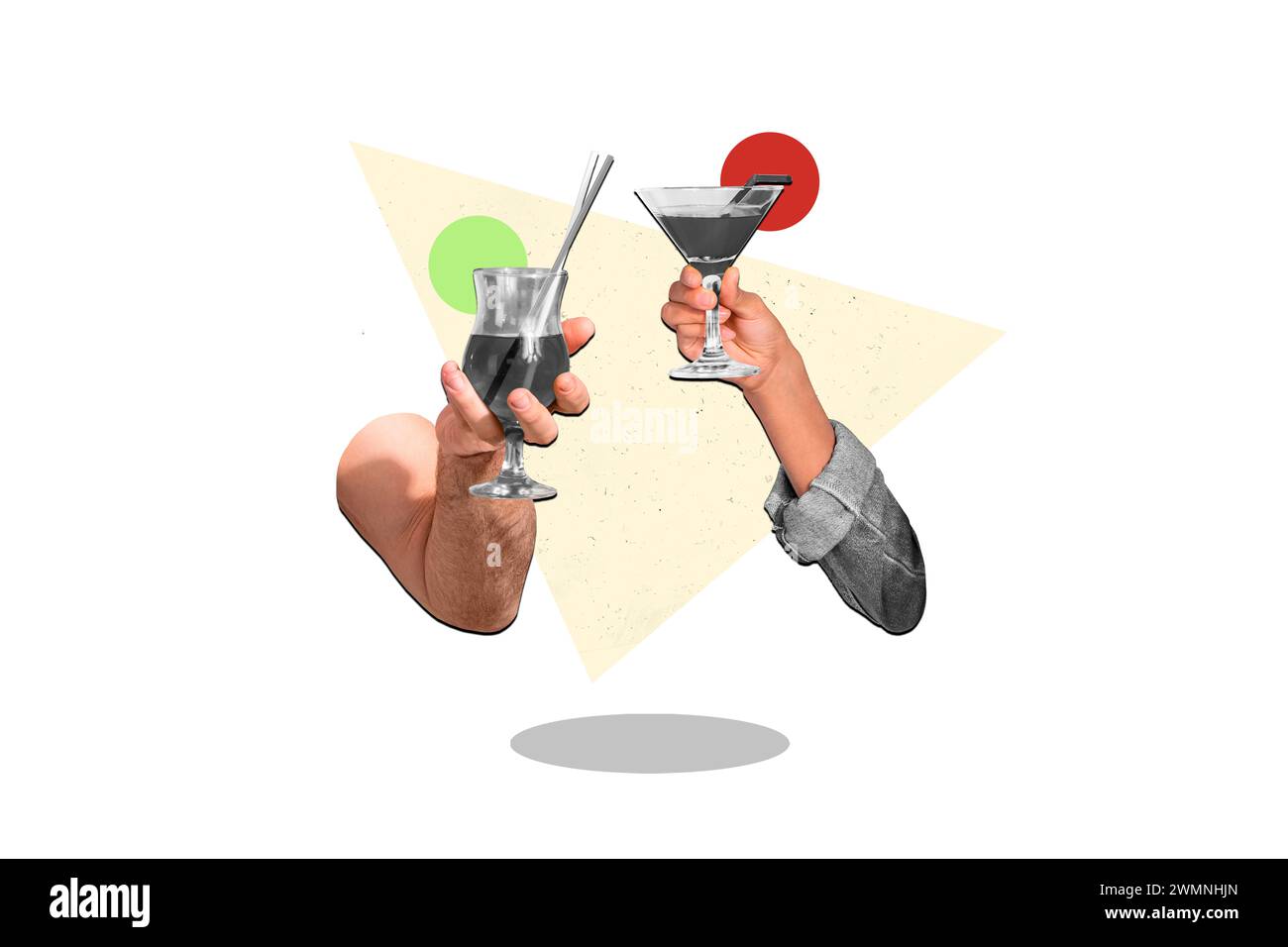 3d retro abstract creative artwork template collage of arms cheering alcohol cocktails isolated ...