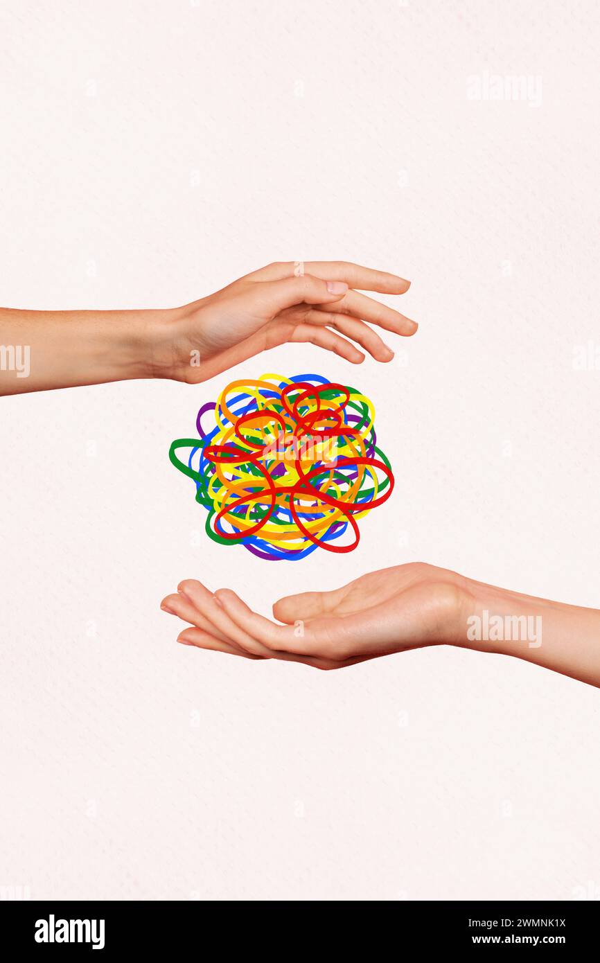 Collage artwork minimal picture of hands holding colorful doodle ball ...