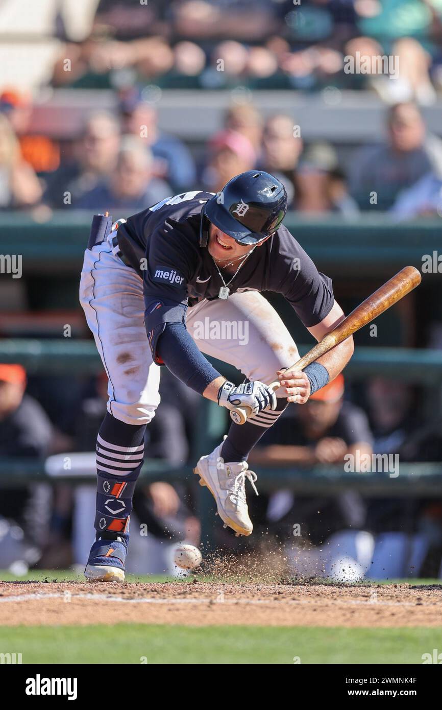 Lakeland FL USA; Detroit Tigers second baseman Jace Jung jumps to avoid ...