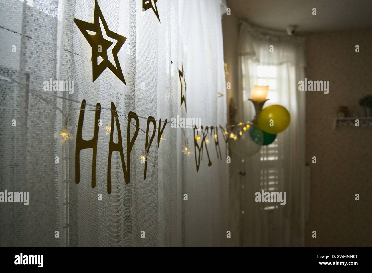 Birthday decoration with Happy Birthday wordings, stars and balloons ...