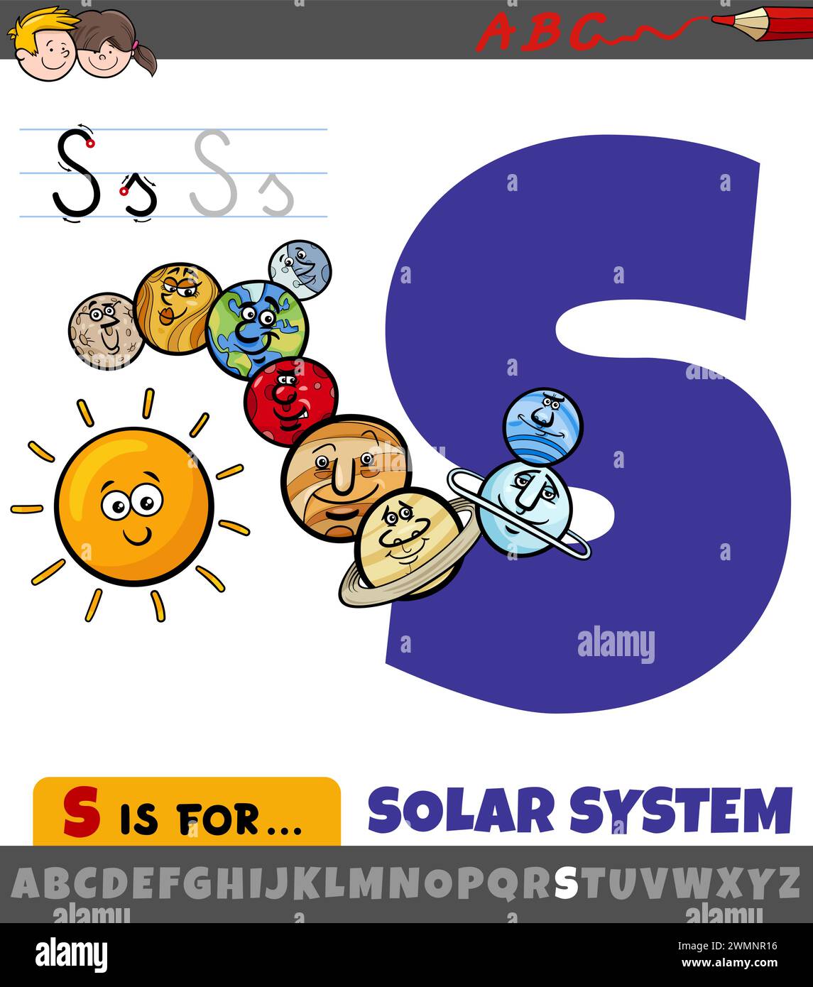 Educational cartoon illustration of letter S from alphabet with solar ...