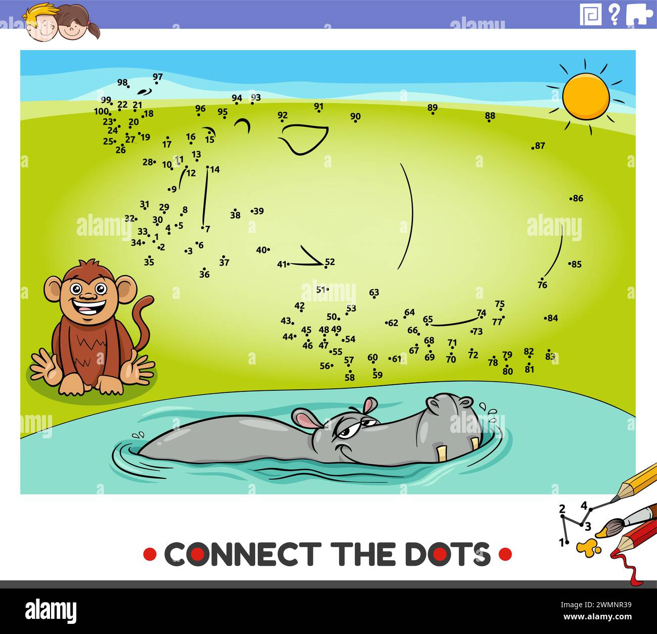 Cartoon illustration of educational connect the dots activity with ...