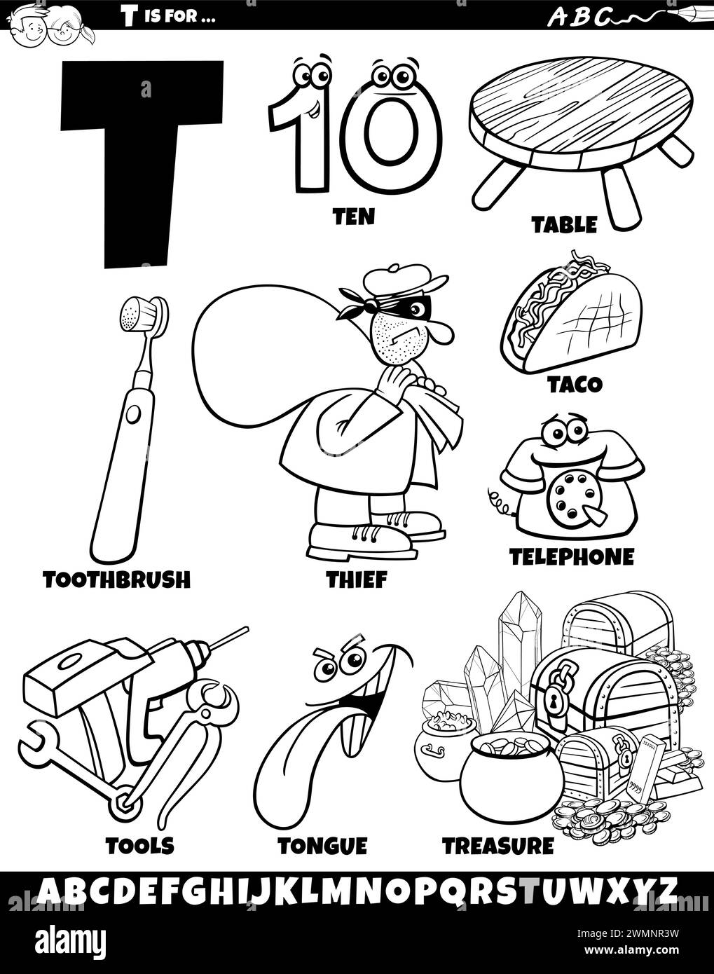 Cartoon illustration of objects and characters set for letter T ...