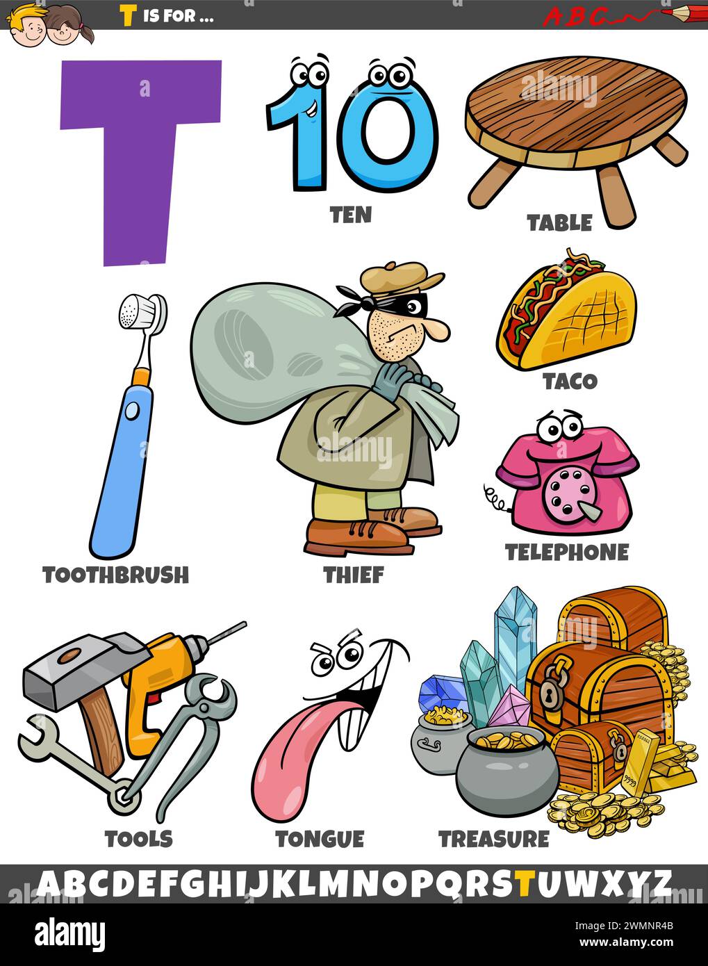 Cartoon illustration of objects and characters set for letter T Stock ...