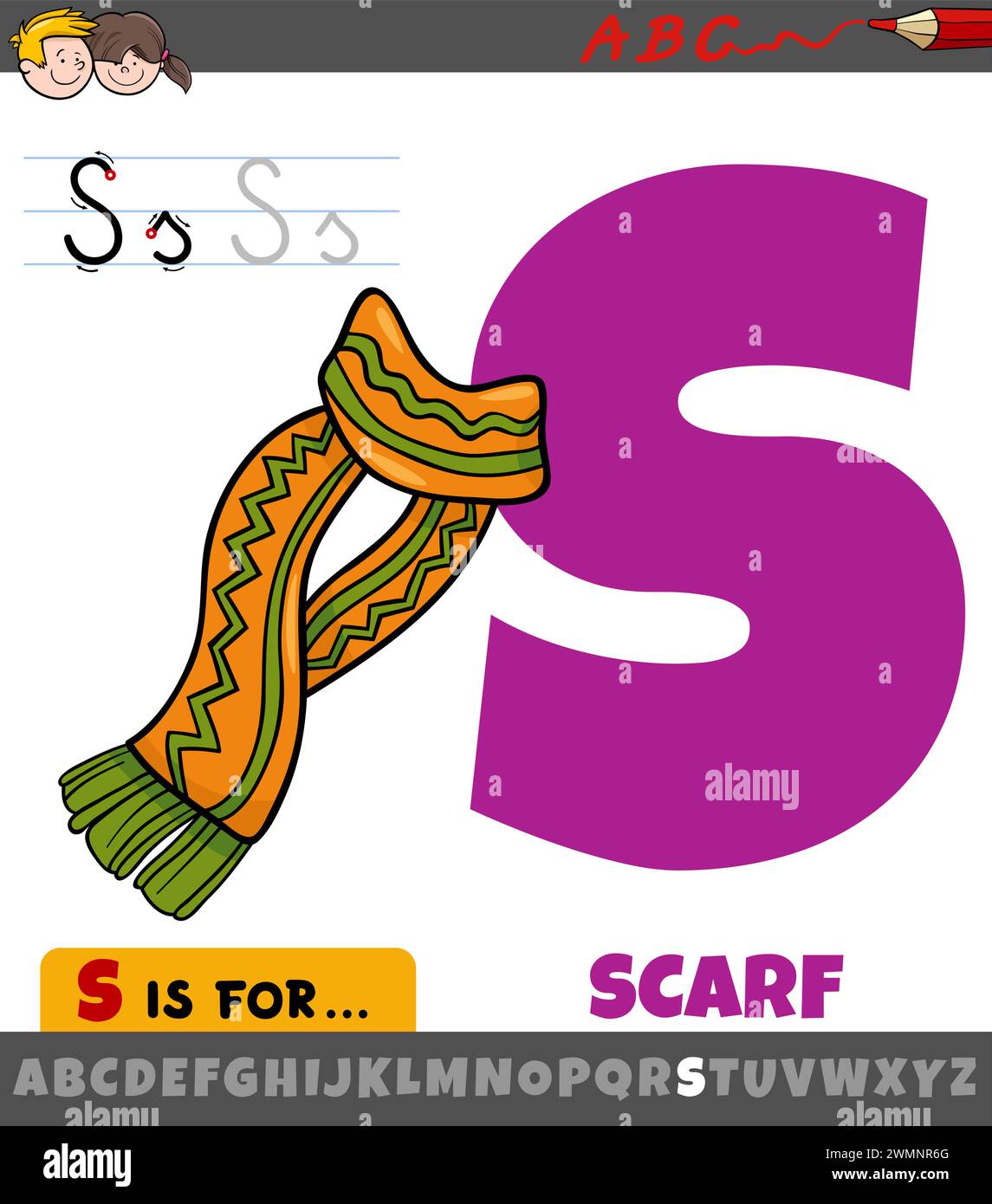 Educational cartoon illustration of letter S from alphabet with scarf ...