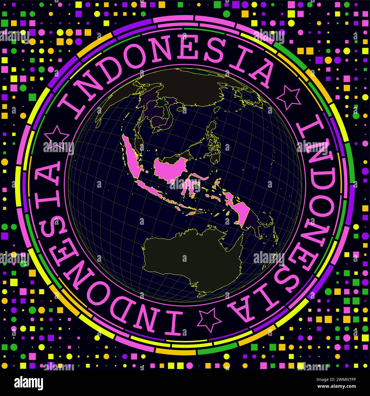 Futuristic Indonesia on globe. Bright neon satellite view of the world ...