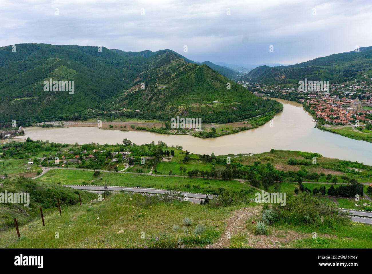 Elevated view of Mtskheta and the Mtkvari river, Georgia Stock Photo ...