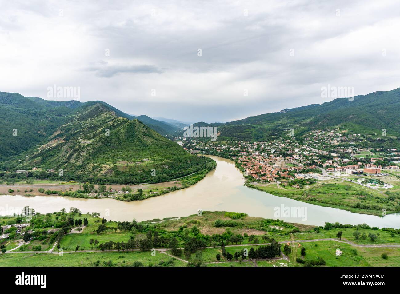 Elevated view of Mtskheta and the Mtkvari river, Georgia Stock Photo ...