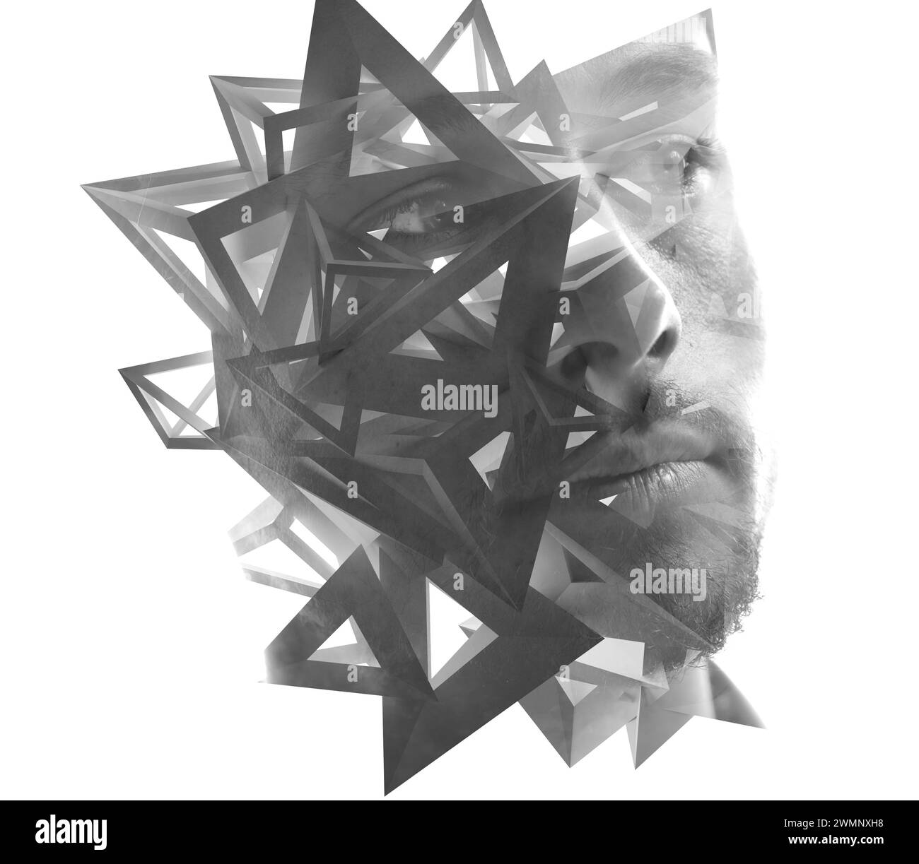 Abstract portrait of a young man combined with 3D shapes in a double ...