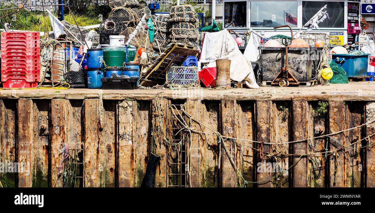Harbourside Crab and Lobster pots with nets and fish boxes Stock Photo ...