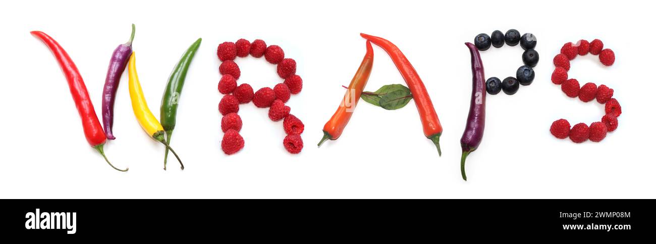 word WRAPS from green yellow purple red chili peppers, berry, salad ...