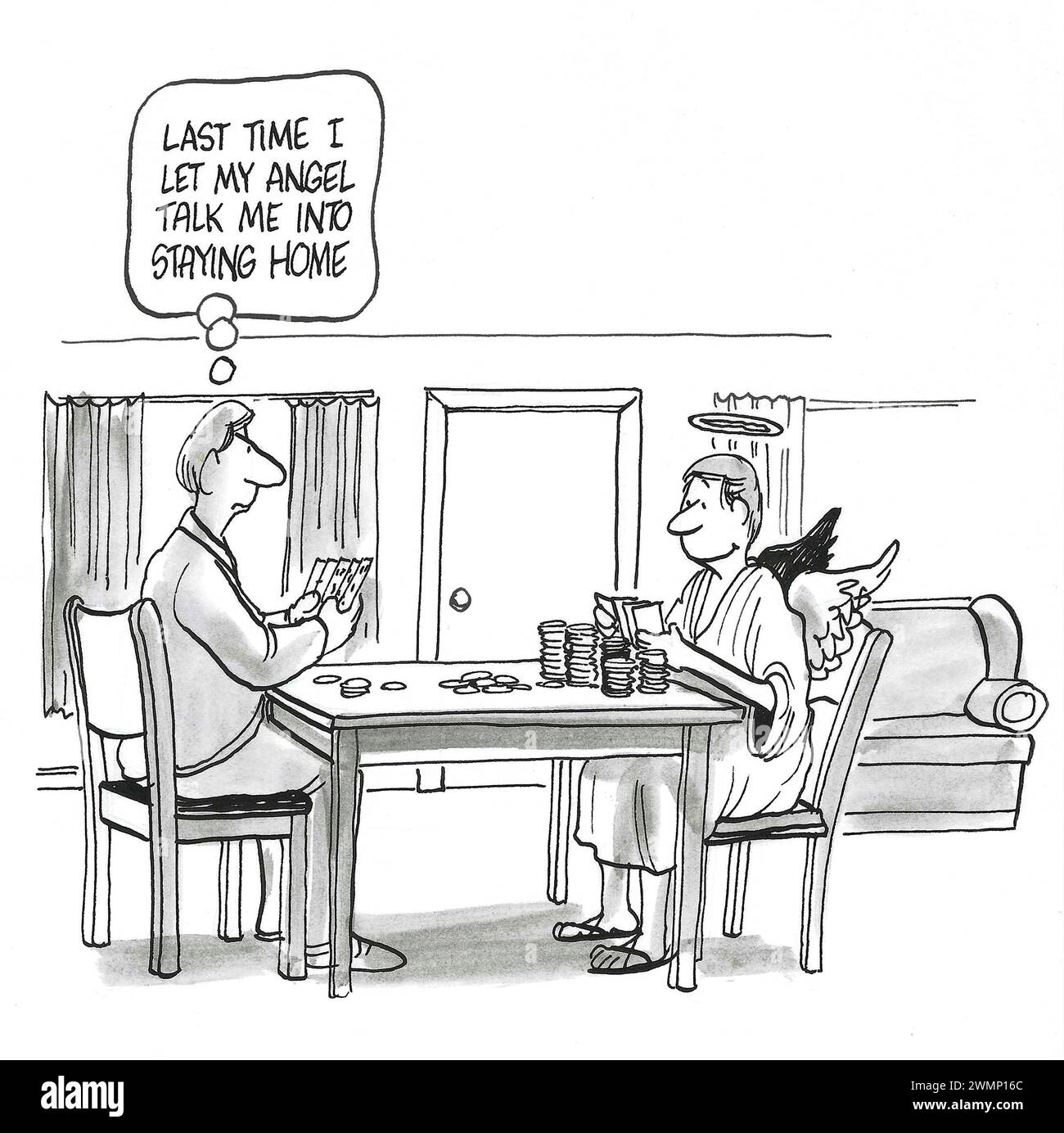 BW cartoon of a guardian angel beating his protected in poker Stock ...